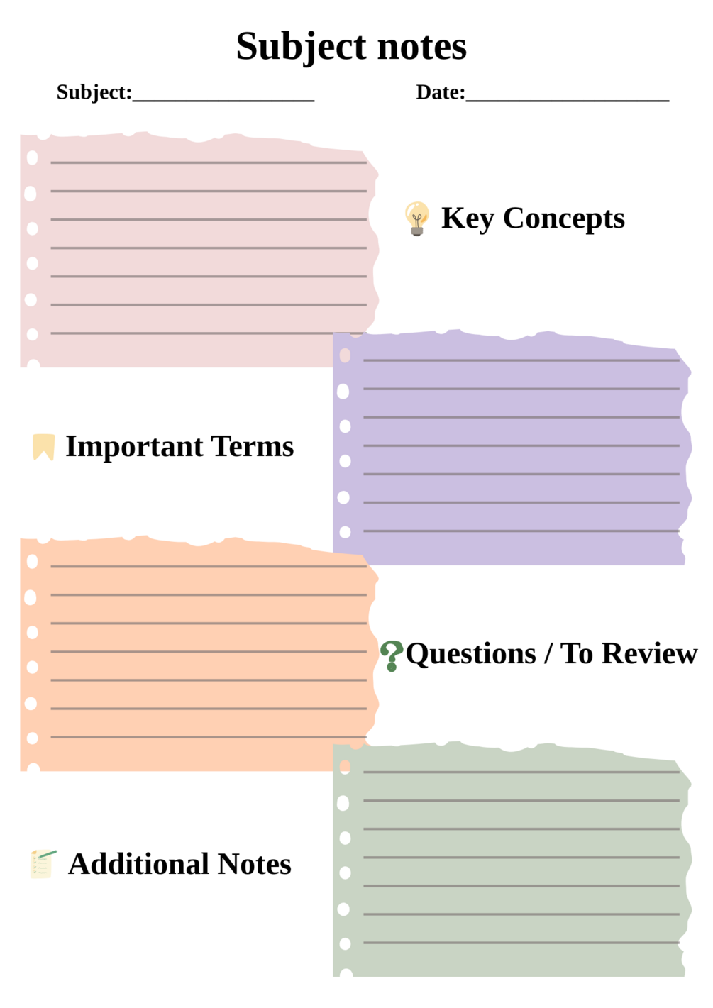 📚 Study Notes Template - Printable Subject Organizer (A4 Size)