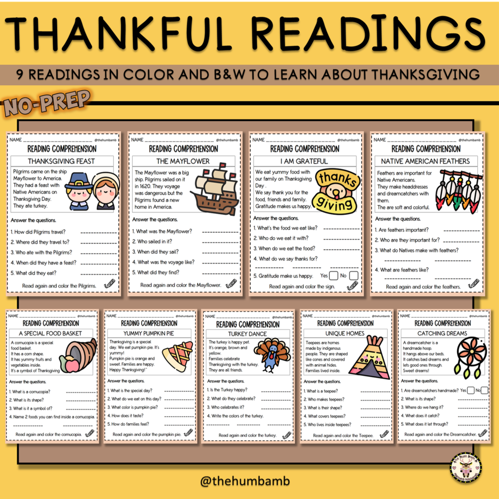 THANKSGIVING ENGAGING READING COMPREHENSION AND COLORING FOR PRIMARY