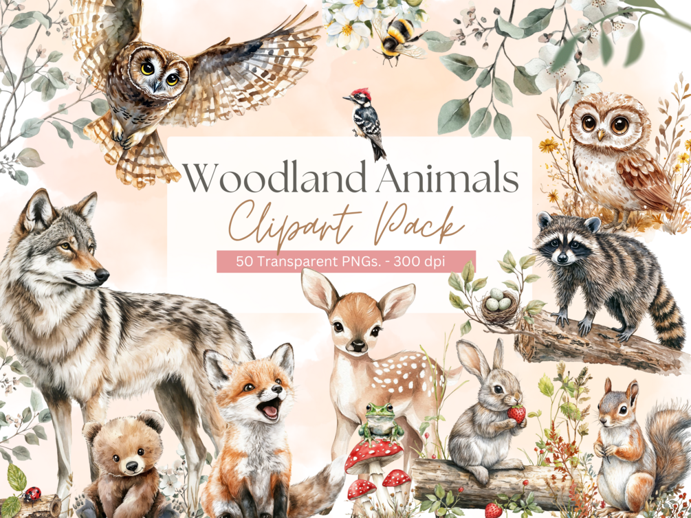 Watercolor Woodland Animals Clipart Pack