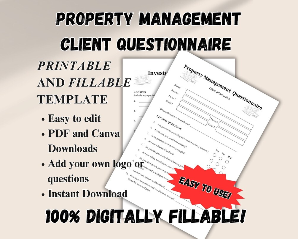 Property Management Client Questionnaire, PDF Download & Canva Link.