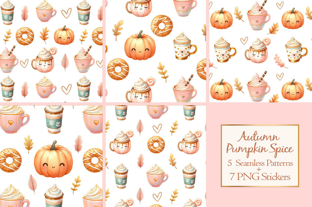 🍂Cute Autumn Pumpkin Spice Seamless Patterns + PNG Stickers Bundle🍂