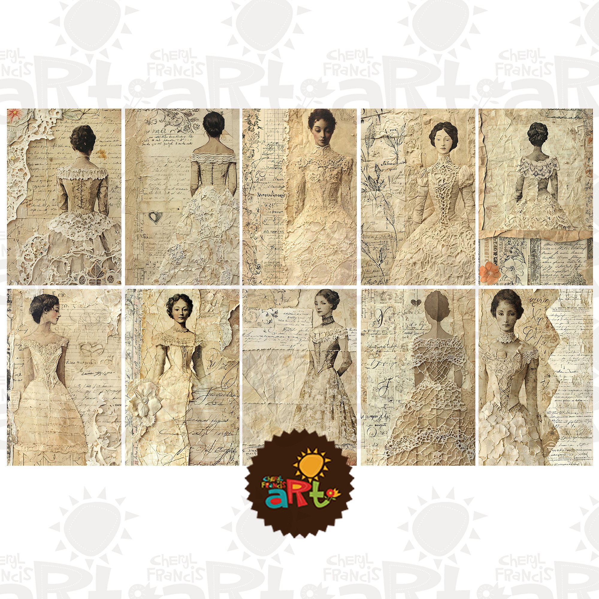 20 pc Elegant Poised Woman on Ephemera and Lace Portrait Printable Junk ...