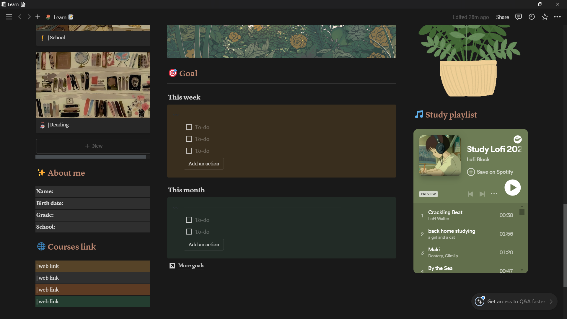Simple notion template for student