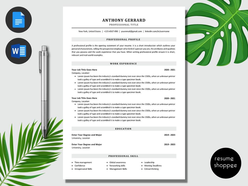 ATS Friendly Resume Template for Word & Google Docs | Resume 2 Pages ...