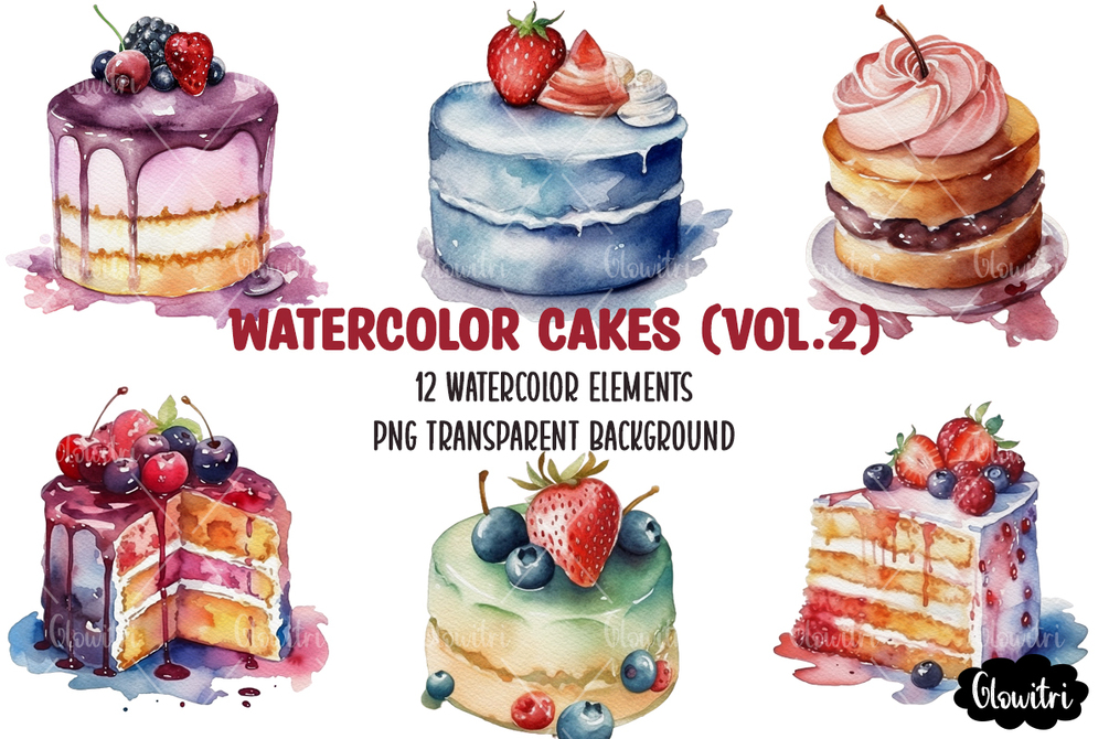 Watercolor cakes clipart (Vol.2), Sweet desserts set