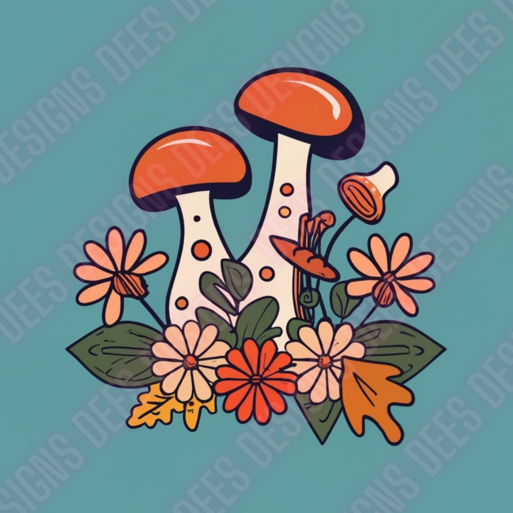 Mushrooms and Fall Themed Flowers Graphic Design T-shirt Art