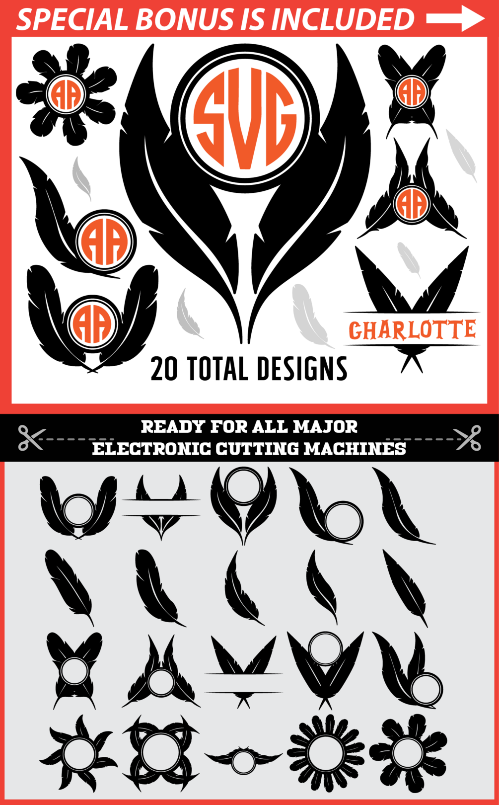 Feather Monogram Svg Cut Files | 20 Designs + BONUS