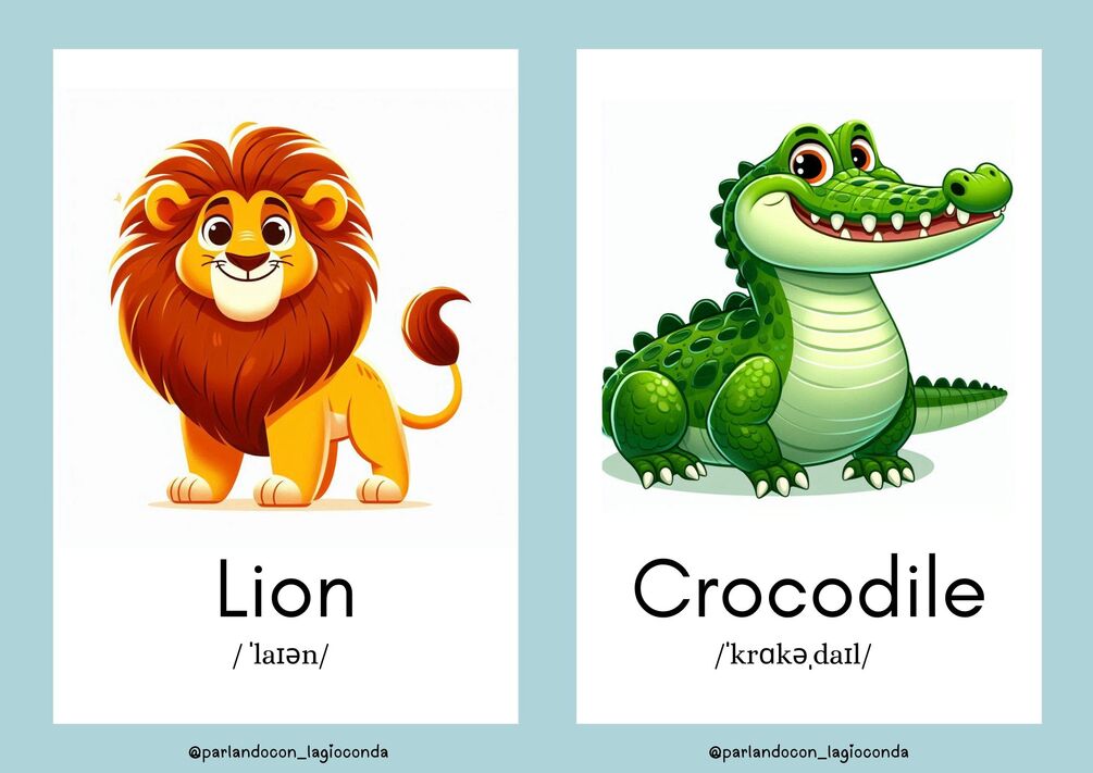 Jungle animals flashcards for kids. (english pronountiation included)
