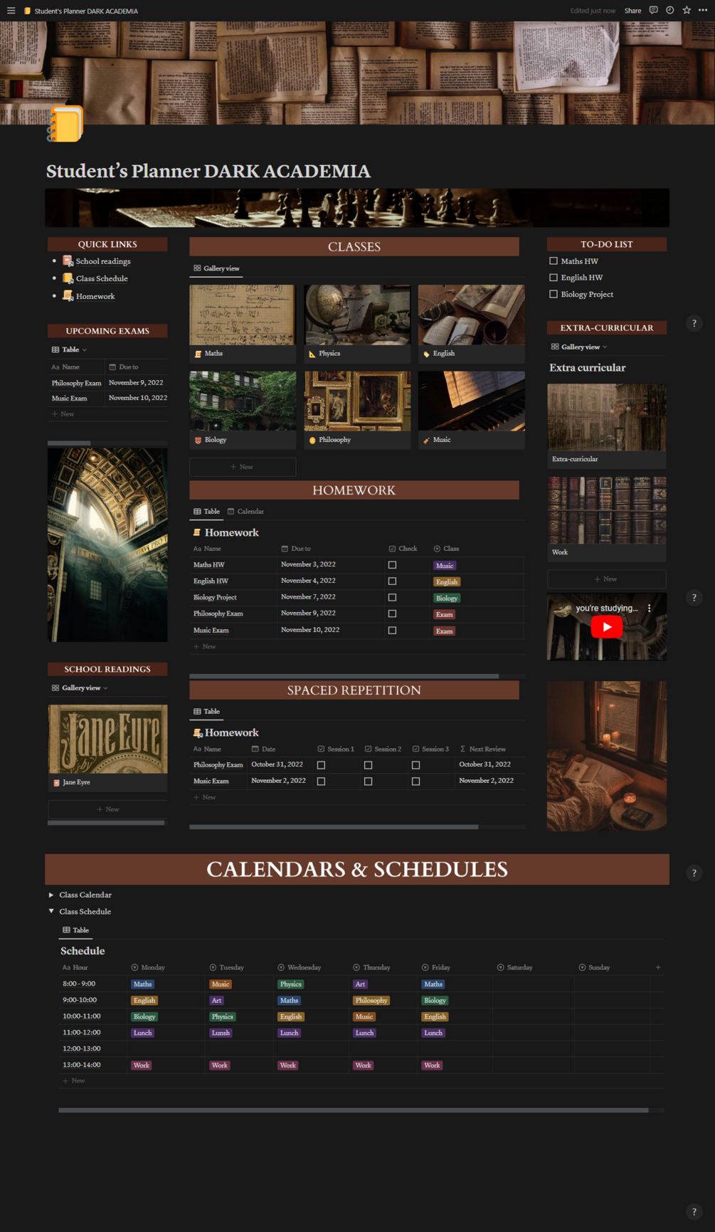 Student Planner (Dark Academia) Notion Template