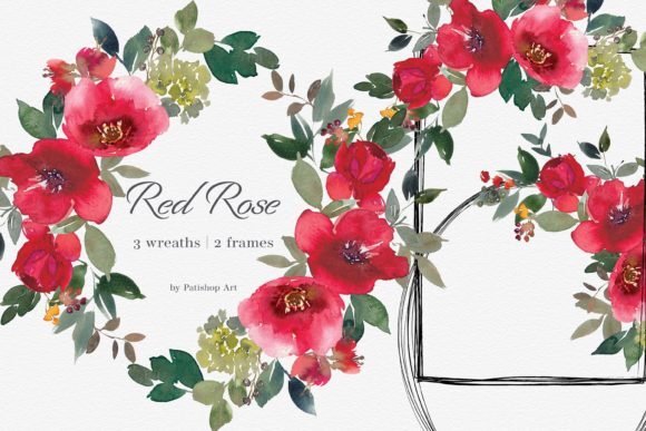 Watercolor Red Rose Clipart Set Graphic