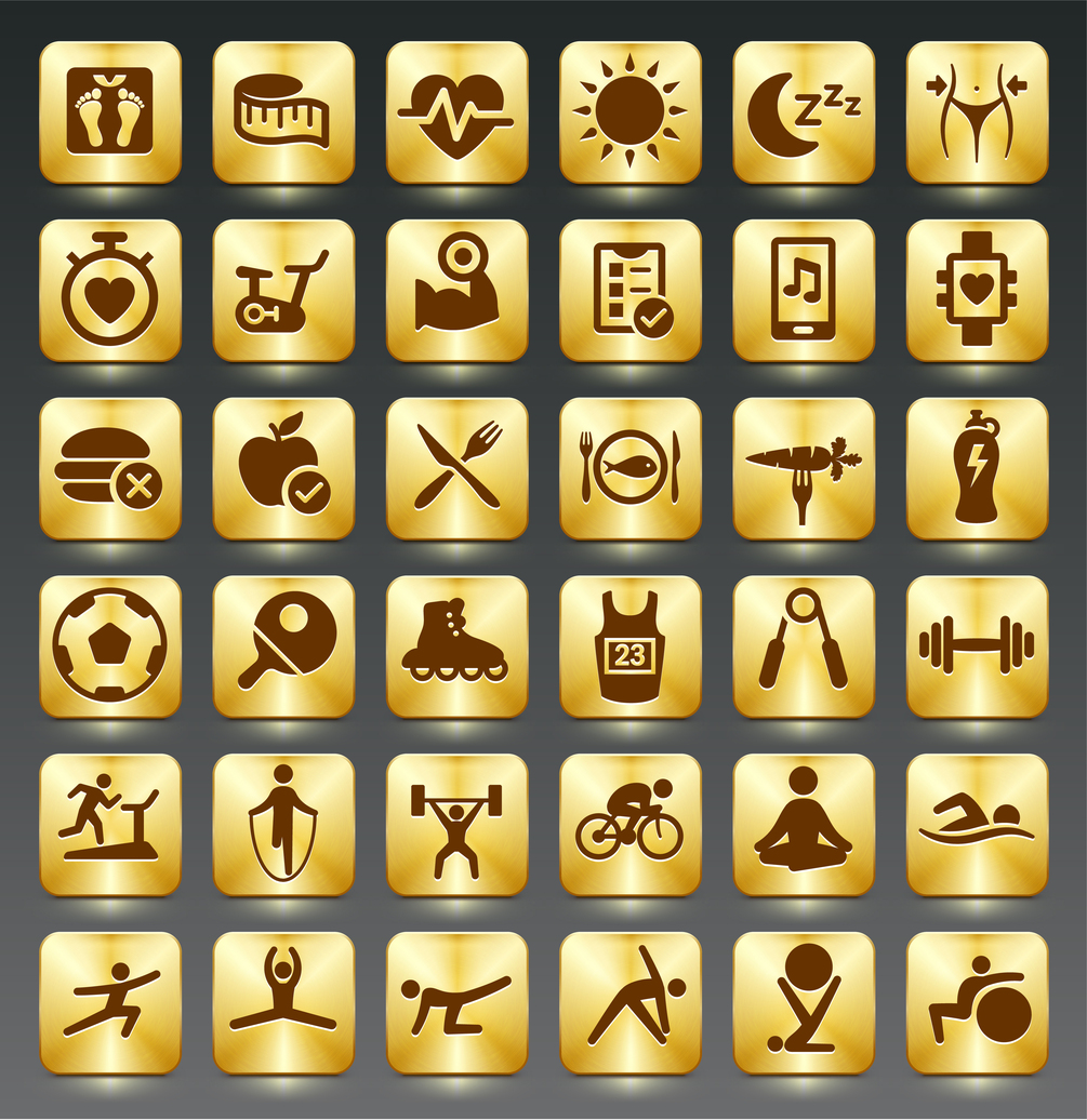 Set of 36 Vector Fitness and Diet Icons on Gold Buttons.