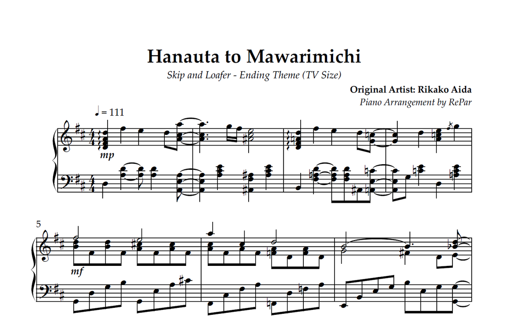 Hanauta to Mawarimichi - Skip and Loafer ED Theme (Piano Sheet)