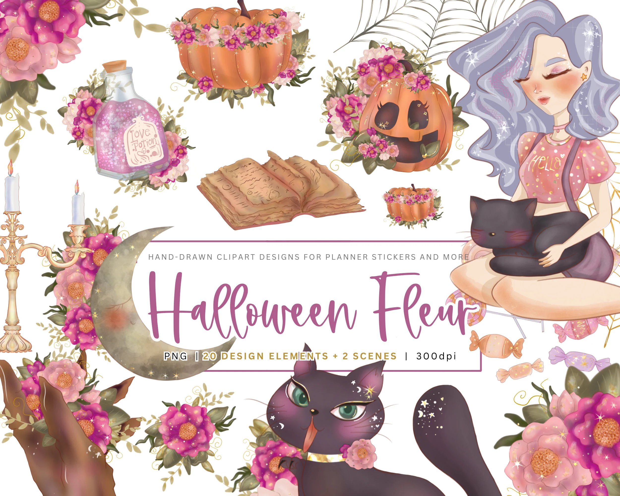 Mystic Garden Floral Witch Clipart Set - Halloween Gothic Designs ...