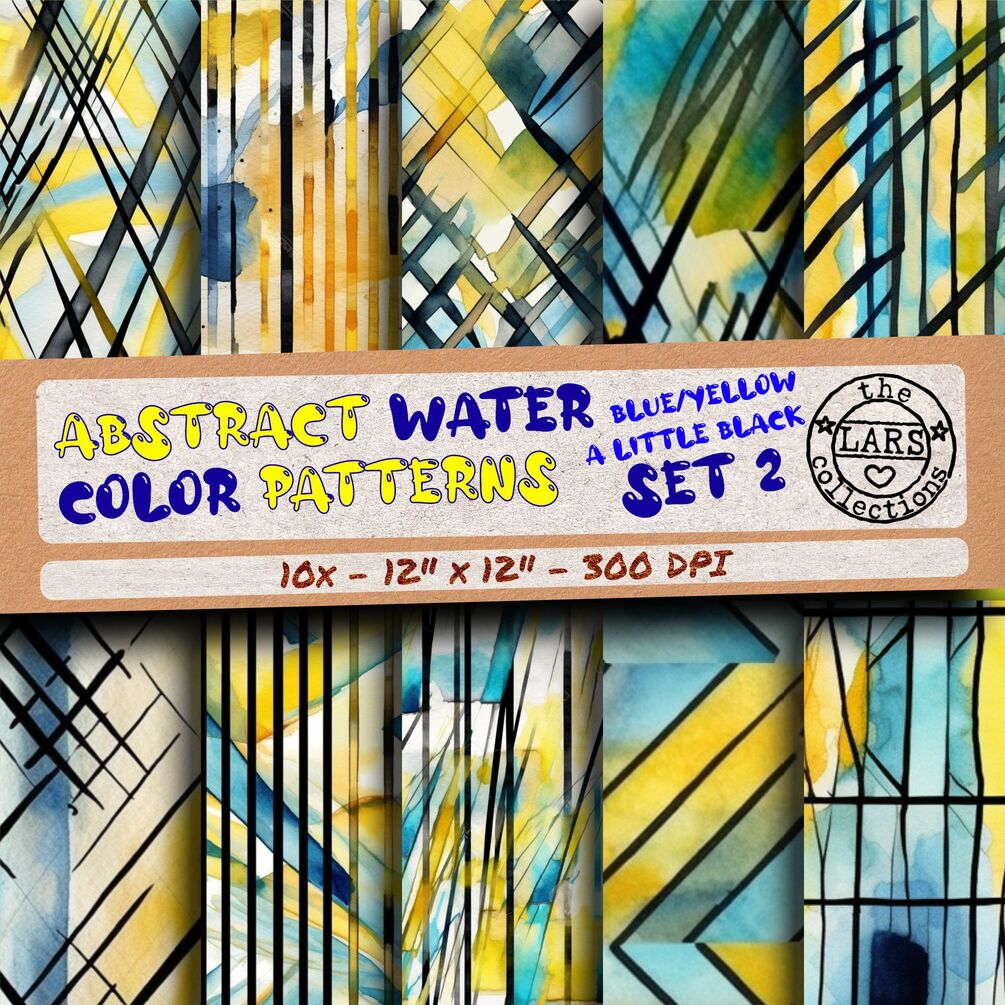 10 SEAMLESS WATERCOLOR PATTERNS - yellow & blue - Set 2
