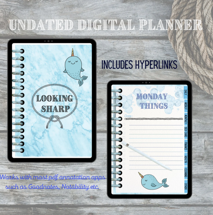 Ocean Narwhal Theme Digital Planner with Hyperlinks- Good for Goodnotes ...