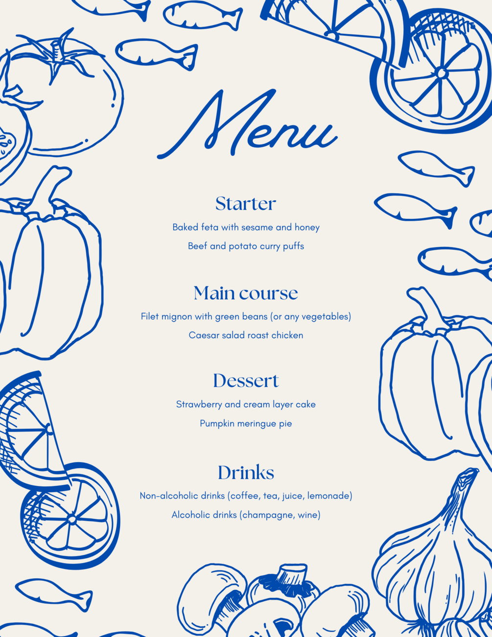 Custom Dinner Party Menu | Elegant Printable Menu for Weddings, Events ...