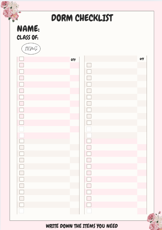 DORM CHECKLIST TEMPLATE