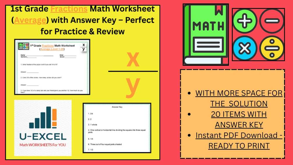 1st Grade Fractions Math Worksheets Average with answer key - Perfect for Practice & Review