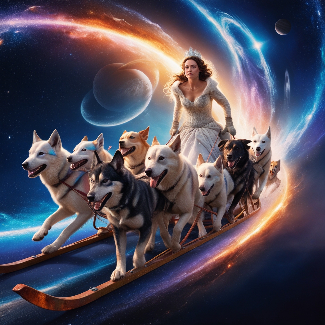 a breathtaking, cinematic photograph depicting a magical dog sled, with ...