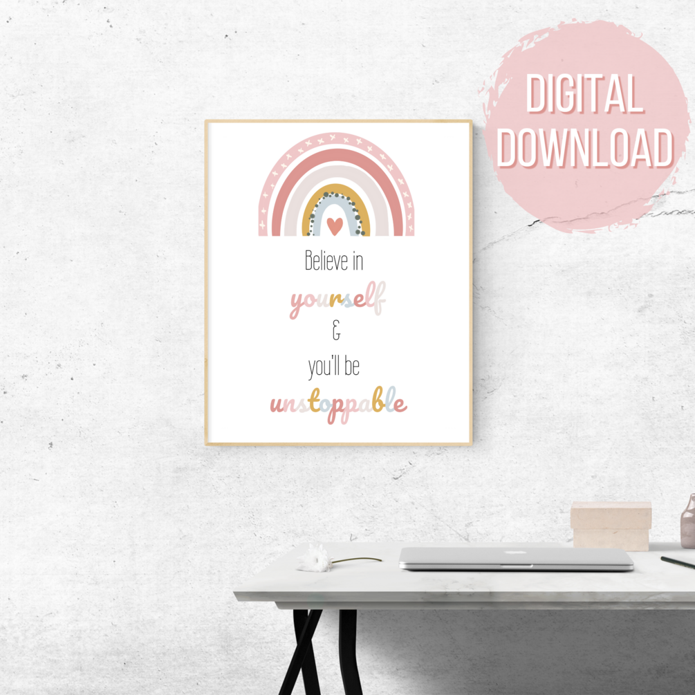 Believe in yourself Printable, Motivational Wall Decor, Rainbow wall ...