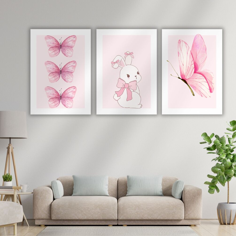 Trendy Pink Butterfly Wall Art Set of 3, Preppy poster, College ...