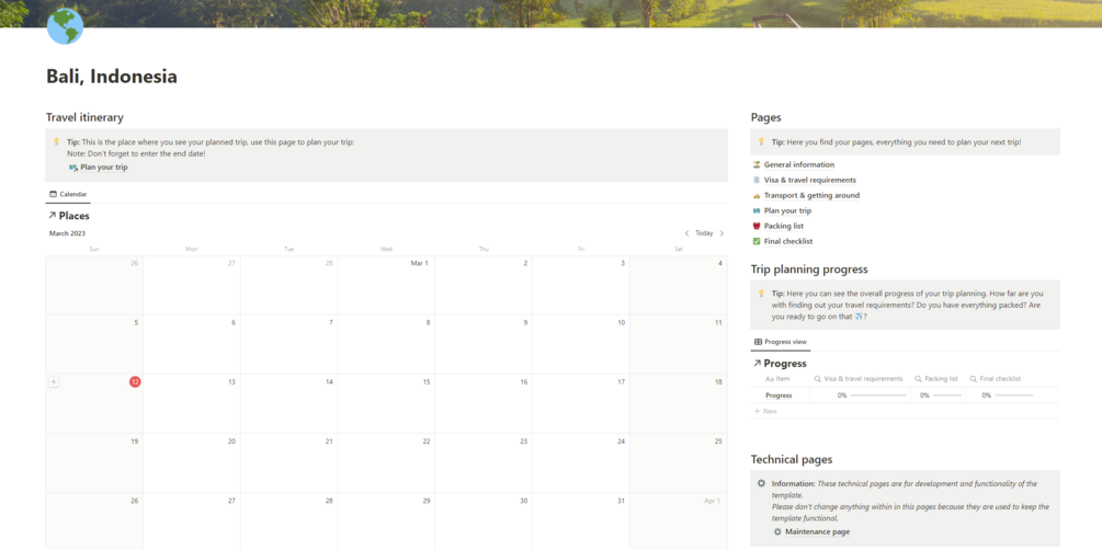 Bali Travel planner - Notion template