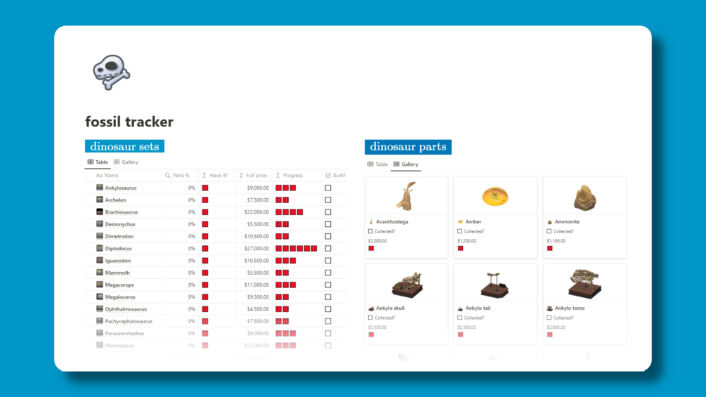 Animal Crossing Fossil Tracker in Notion