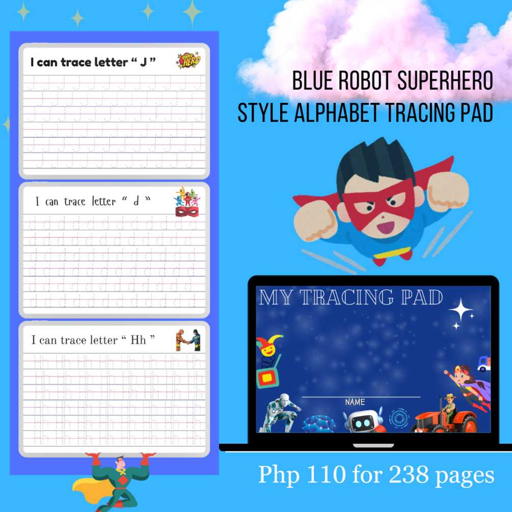 Blue Robot Superhero Style Alphabet Tracing Pad for Boys / Shenna Digitals