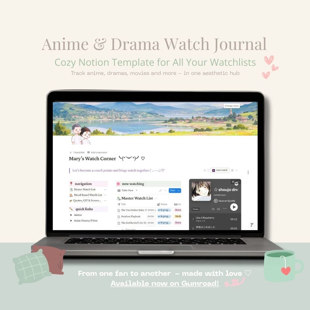 The Cozy Watch Journal Notion Template - Track Your Anime, Dramas & Movies