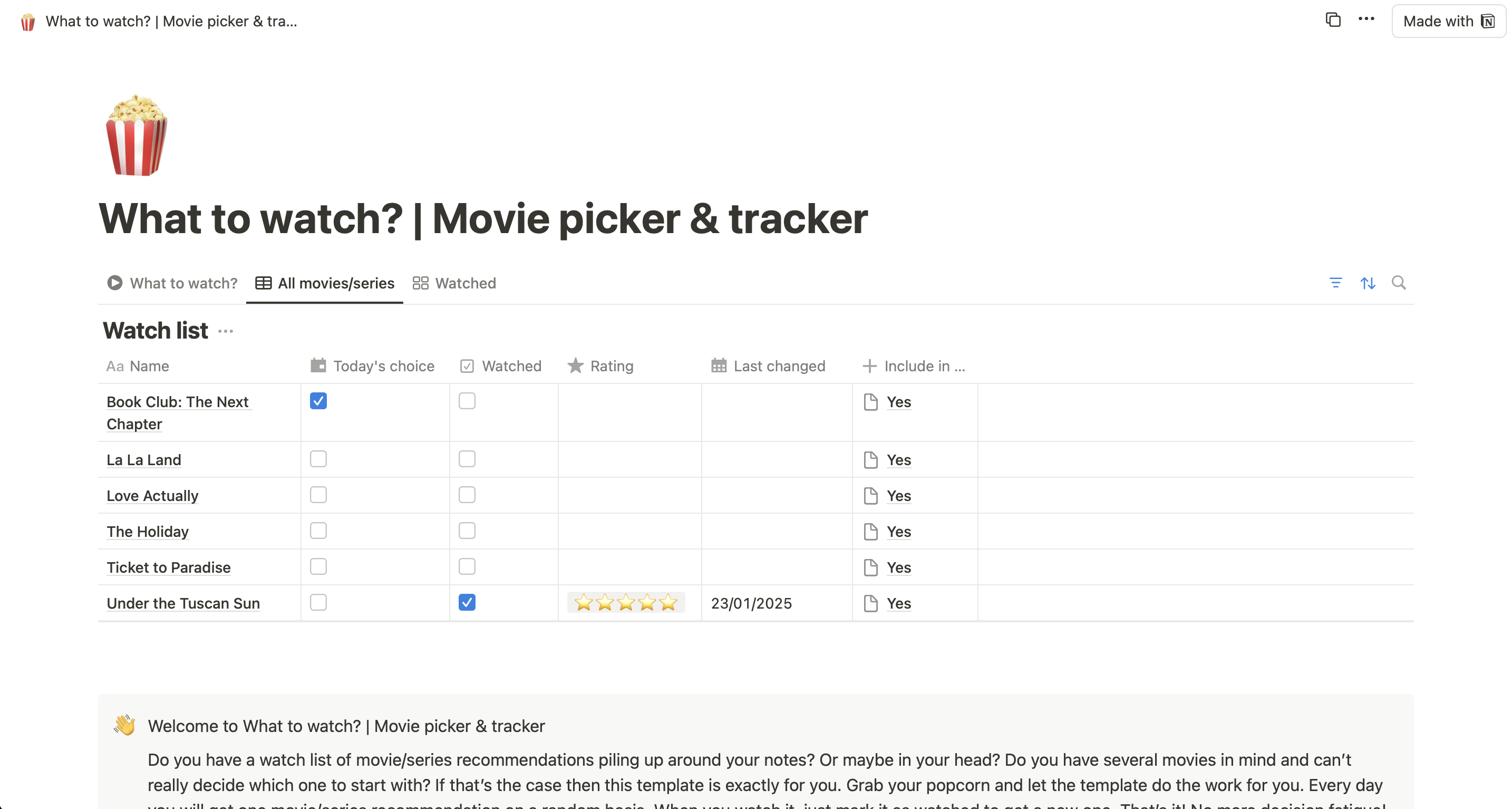 What to watch? | Movie Picker & tracker 🍿 | Notion template
