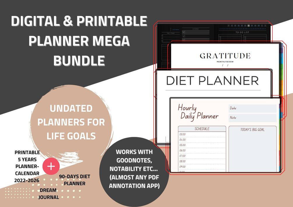 Undated Digital & Printable Planner PDF for Goodnotes, Notability ...