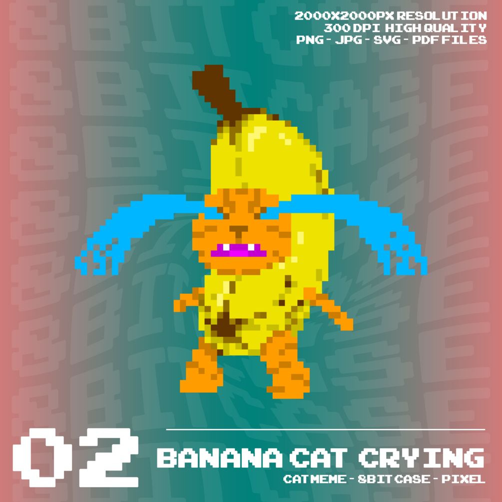 Pixel Art, Digital Products, Digital Art, CAT MEME | 02 Banana Cat Crying