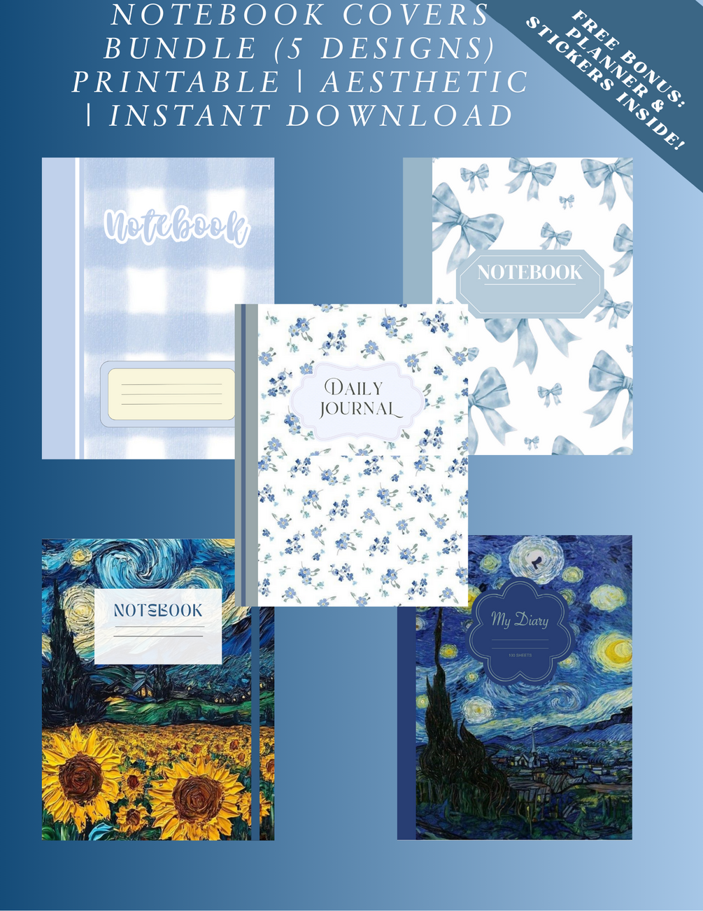 🌟 Blue Aesthetic Notebook Covers Bundle – Printable PDF + Bonus Planner ...