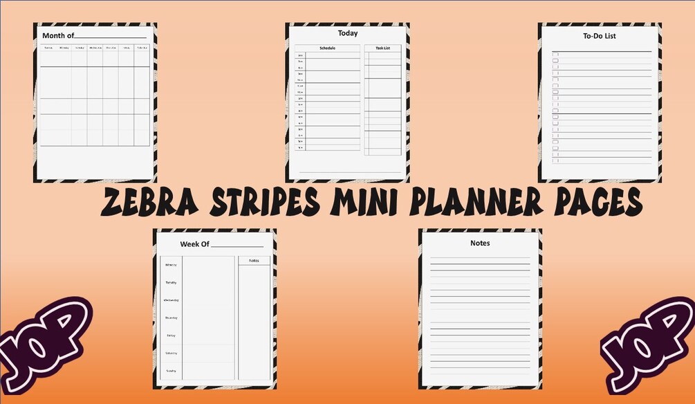 Zebra Stripes MINI PLANNER PAGES In US Letter Size (8.5 in by 11 in)