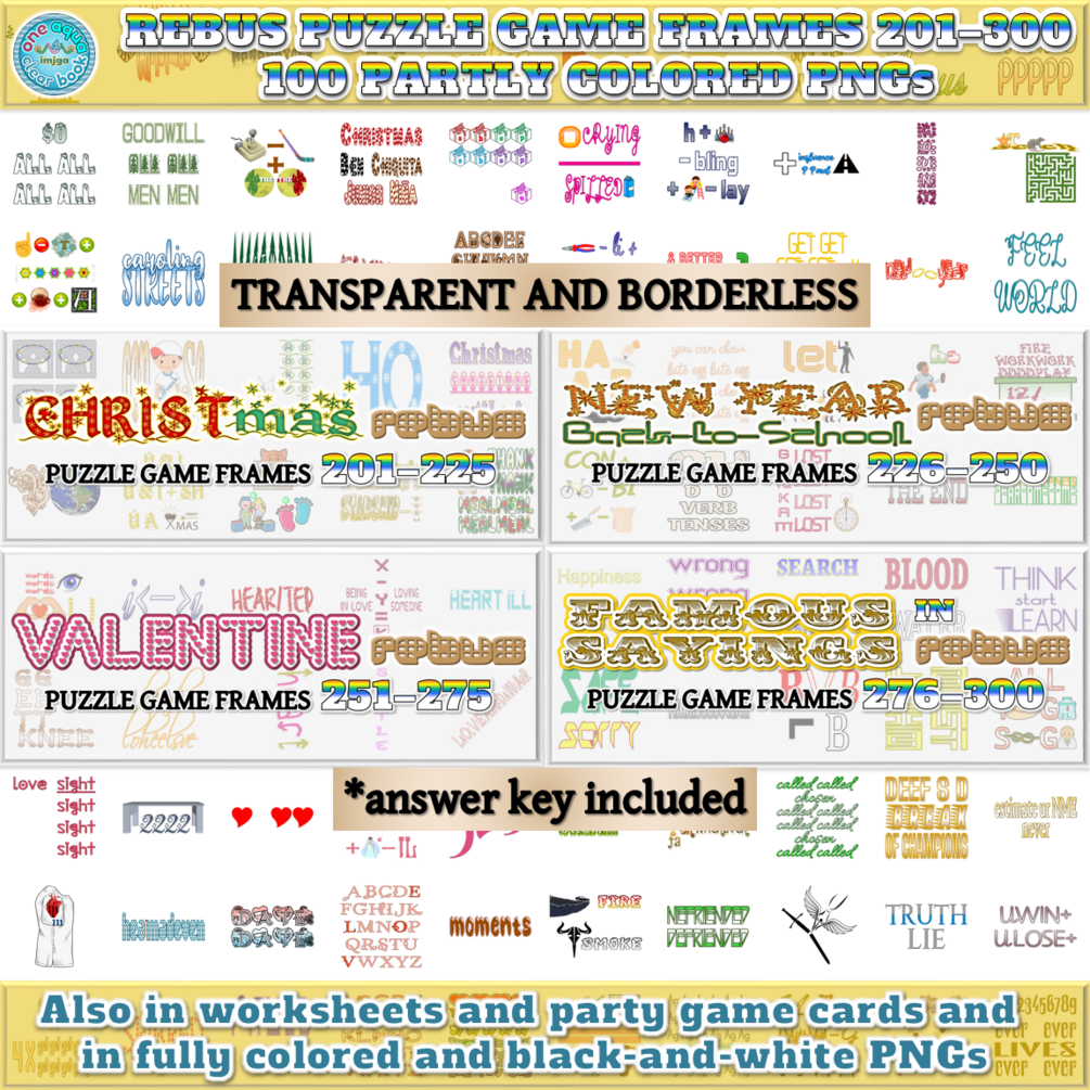 Partly Colored Rebus Puzzle Game Frames 201–300 PNGs