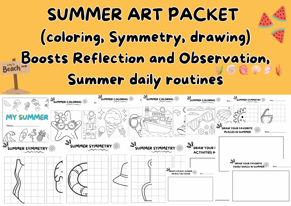 Summer Art packet (coloring, Symmetry, drawing) Boosts Reflection and ...