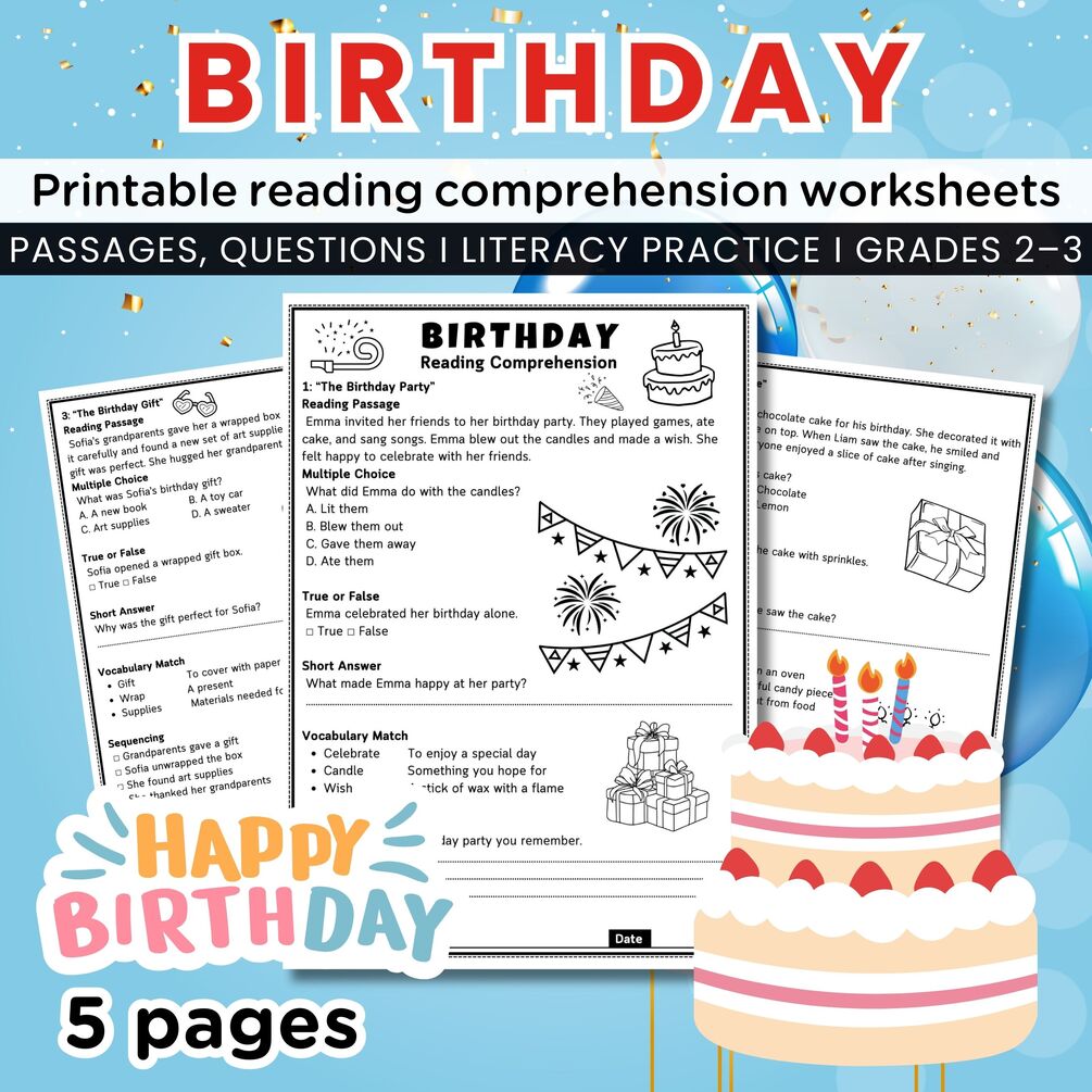 Birthday Reading Comprehension Worksheets | Passages with Questions ...