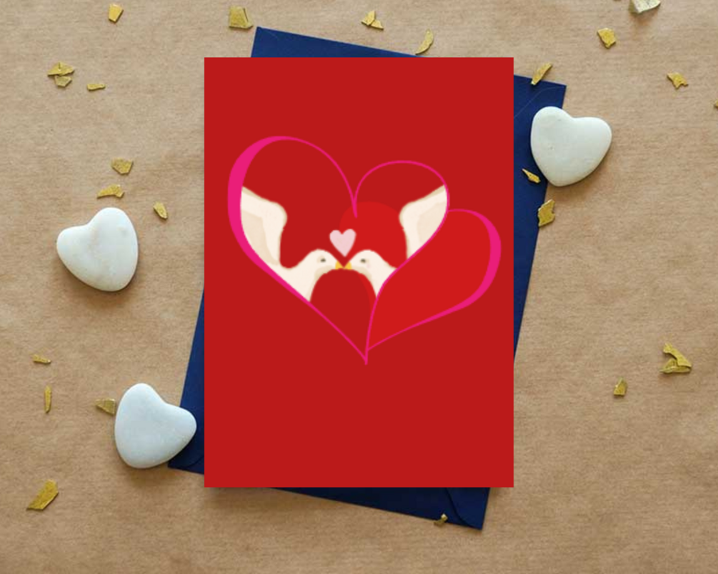 Valentines Day Foldable Postcard - Heart Doves