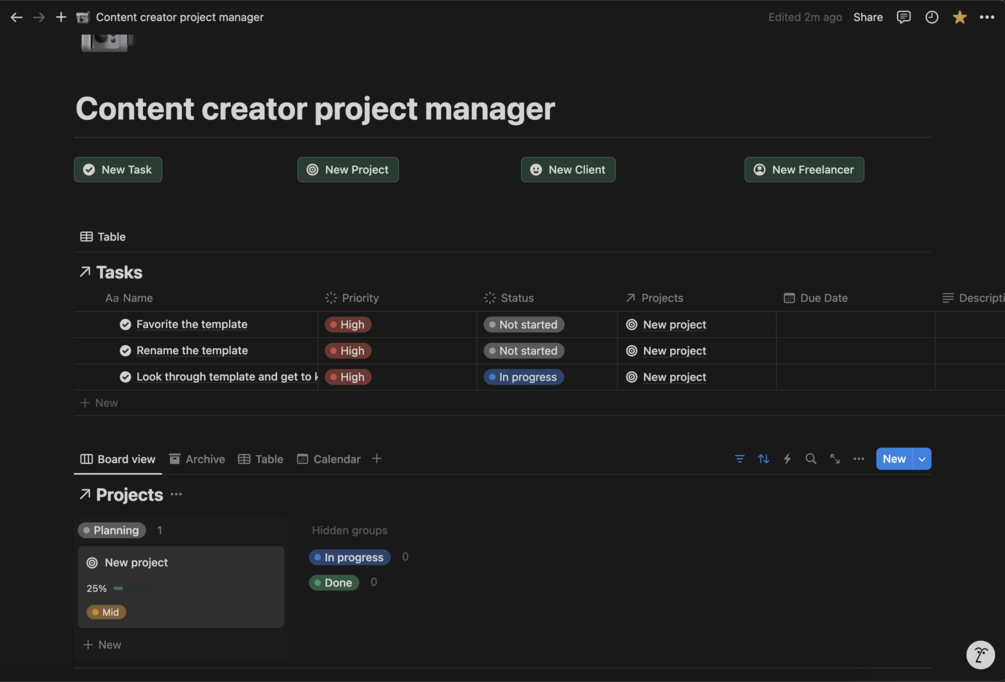 Content creator project manager Notion template