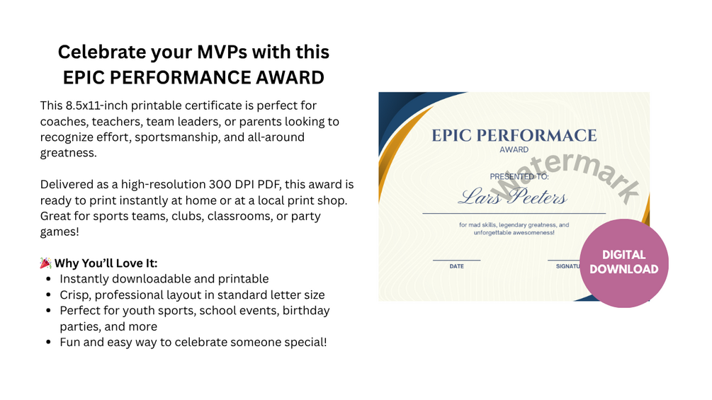 Epic Performance Award Printable Certificate – 8.5x11 PDF, 300 DPI ...