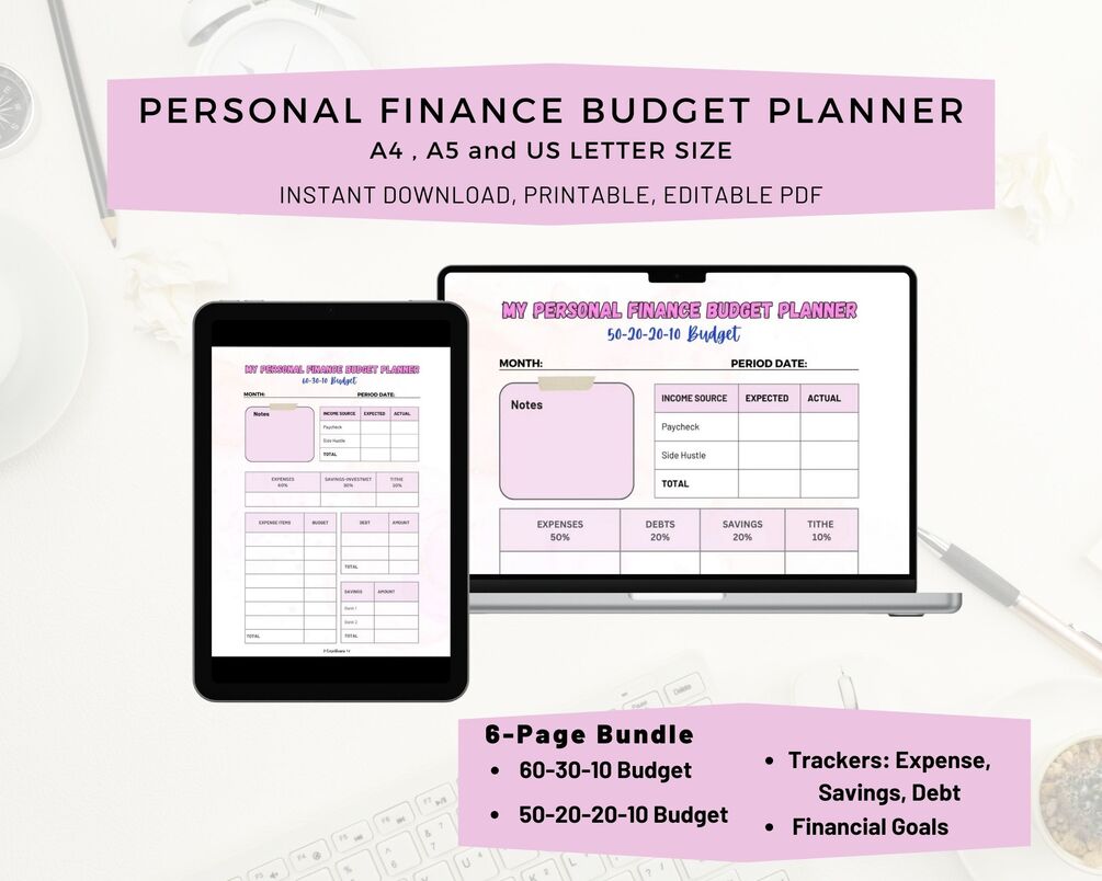 Personal Finance Budget Planner. Editable Digital PDF, Fillable.