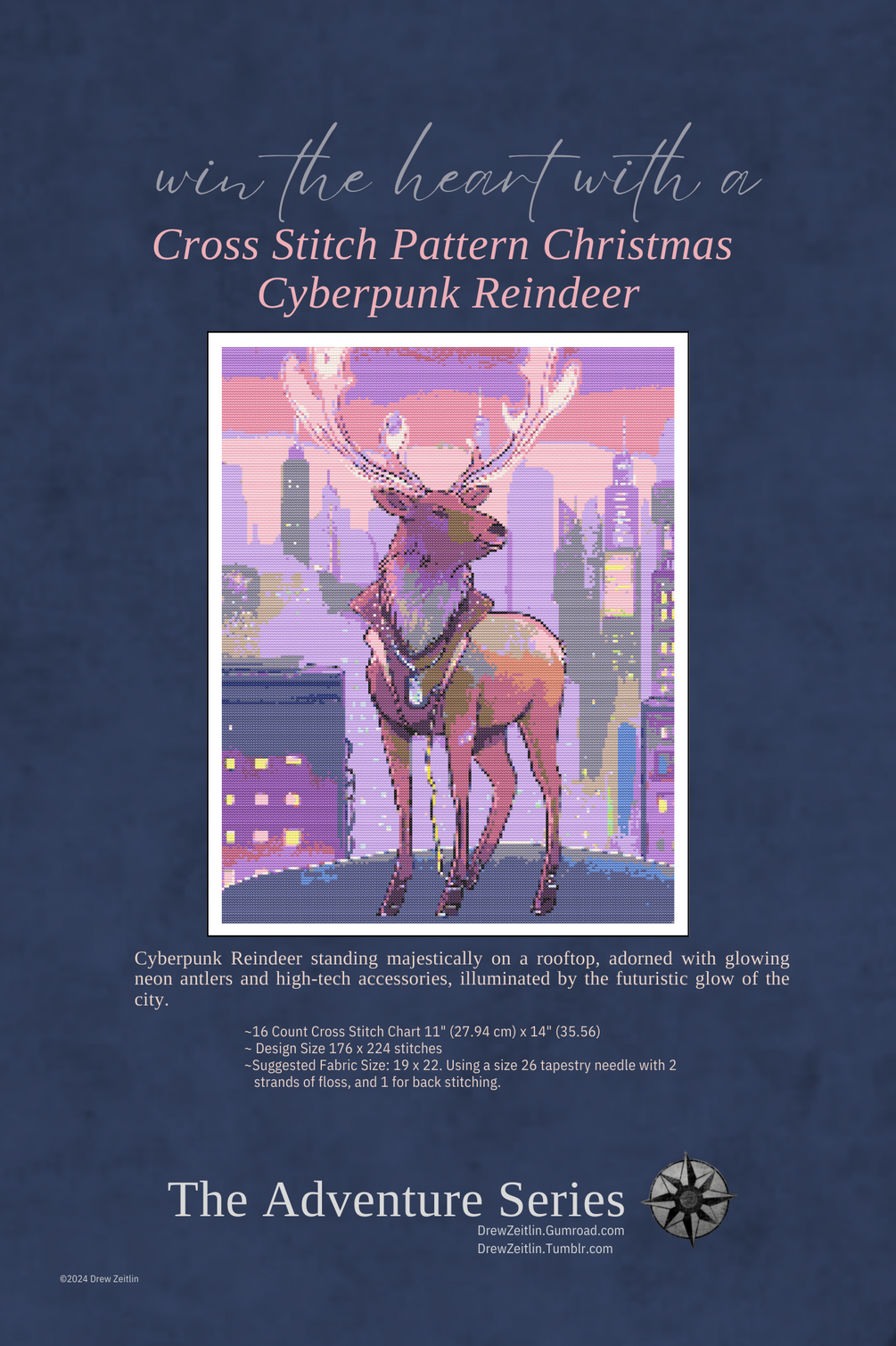 Cross Stitch Pattern Christmas Cyberpunk Reindeer