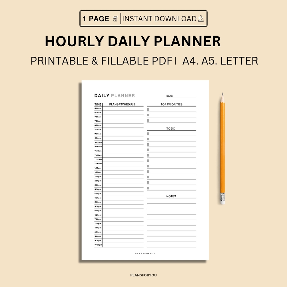 Hourly Daily Planner Printable , Daily Planner , Daily To Do List ...