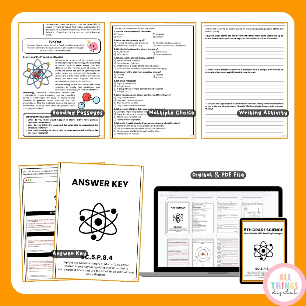 The Atomic Theory SC.5.P.8.4 5th Grade Physical Science Activity ...