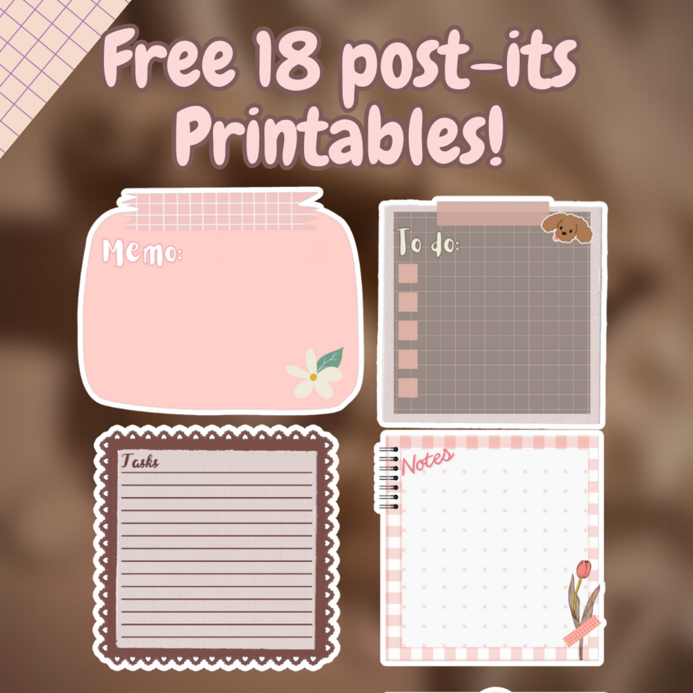 FREE 18 post-its printables! Pink, Brown, Purple and Green