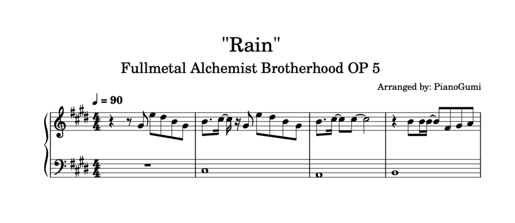 Fullmetal Alchemist Brotherhood OP 5 - "Rain" - EASY Piano Sheet Music