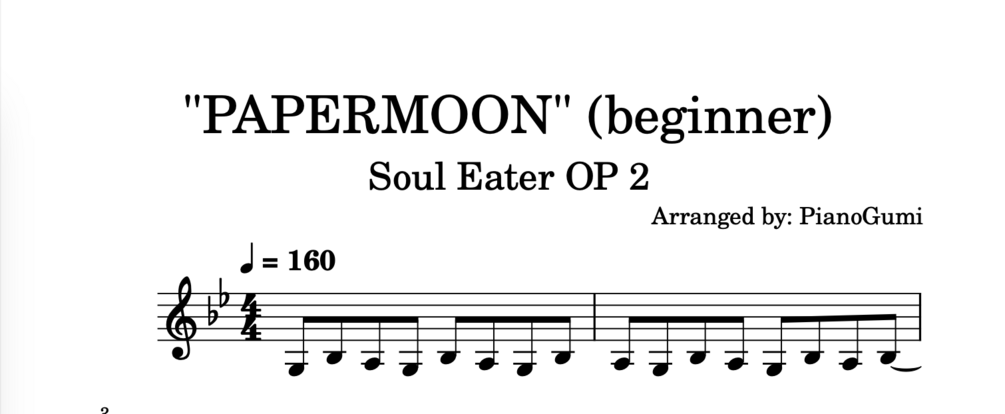 Soul Eater OP 2 - "PAPERMOON" - BEGINNER Piano Sheet Music