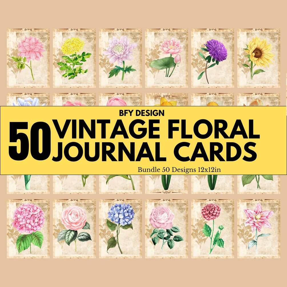 Printable Vintage Floral Journal Cards ATC 50 Designs 2.5x3.5in