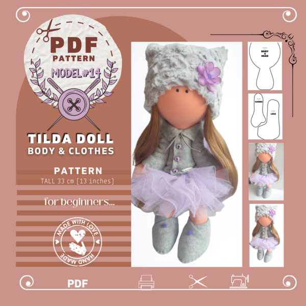 9 Tilda Doll Patterns for Body and Clothes, size 33 cm (13 inches)- PDF Pattern Instant DOWNLOAD