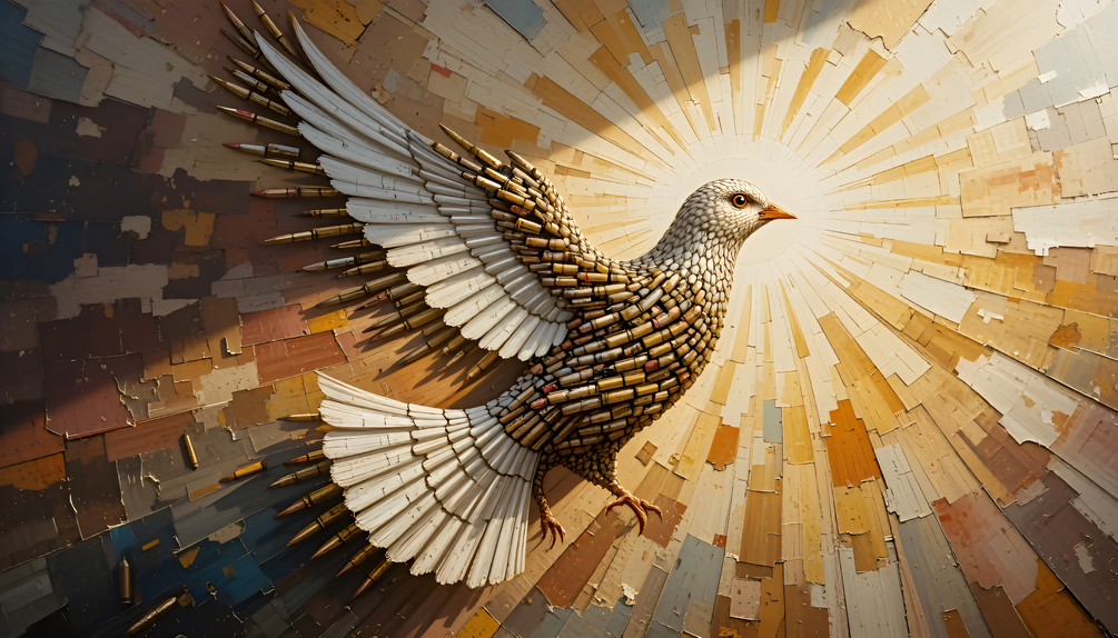 Art Digital Oil Painting a white dove in flight in a bullet composition